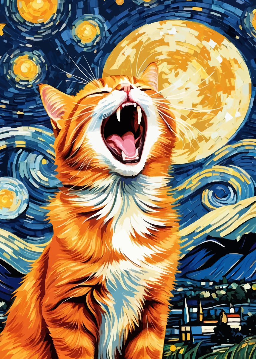 'Orange Cat in Starry Night' Poster, picture, metal print, paint by ...