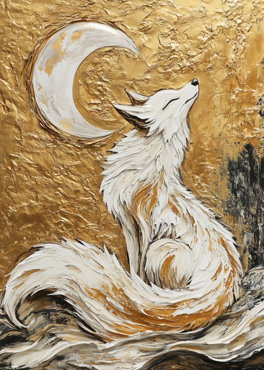 'White Fox Under Crescent Moon' Poster, picture, metal print, paint by ...