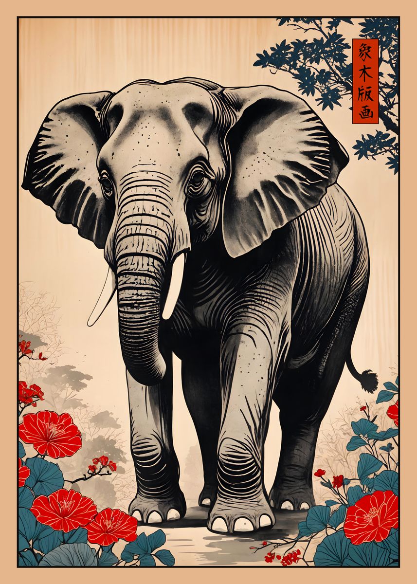 'Elephant Japanese Art' Poster, picture, metal print, paint by Yushiroe ...