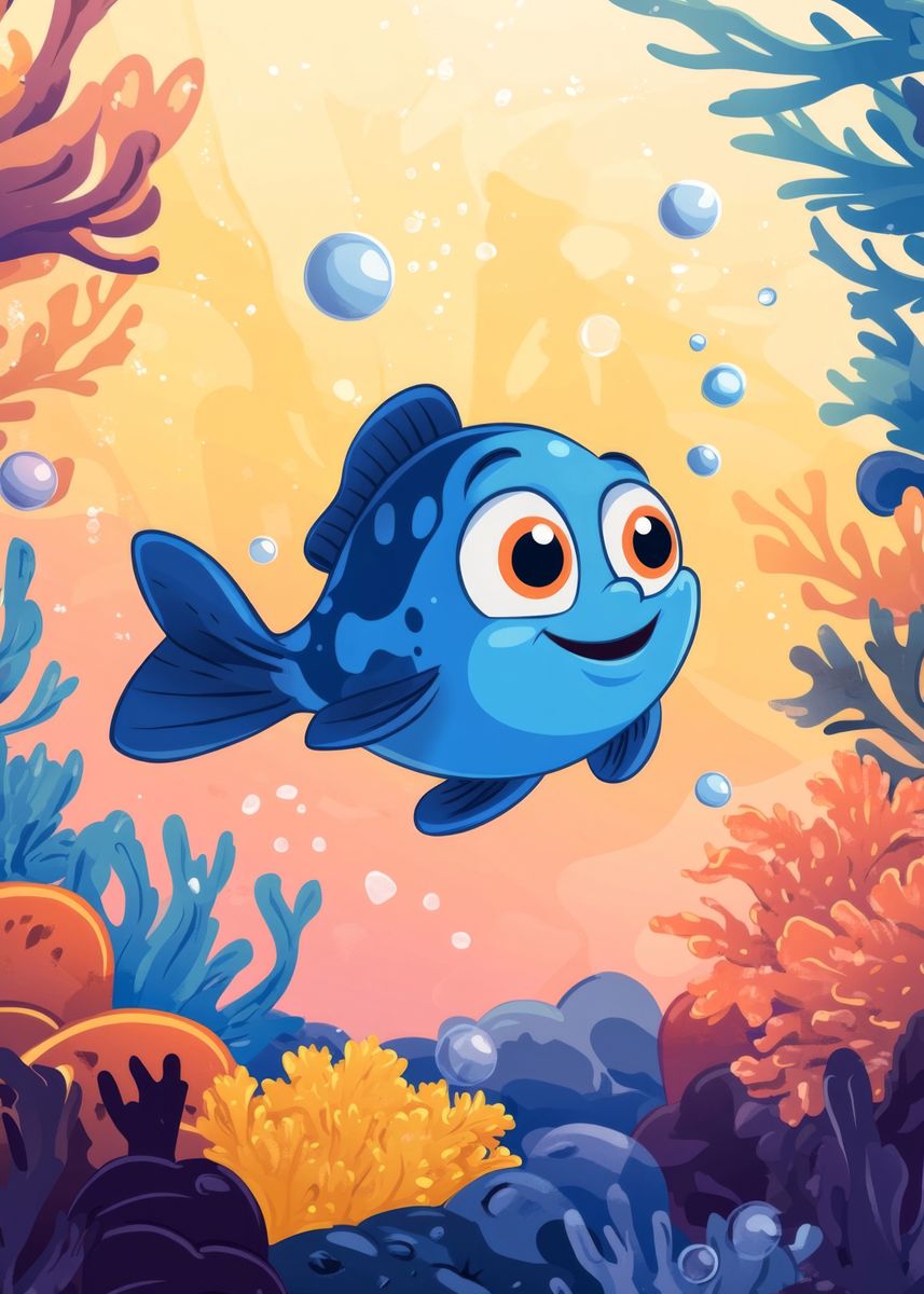 'Smiling Blue Fish Underwater' Poster, picture, metal print, paint by ...