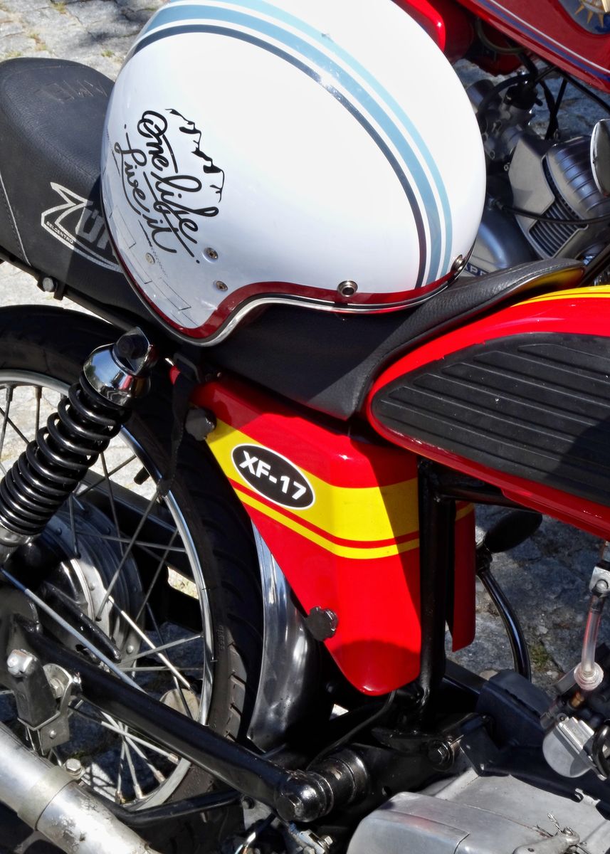 'Vintage Zuendapp XF-17 Motorcycle with Helmet' Poster, picture, metal print, paint by ...