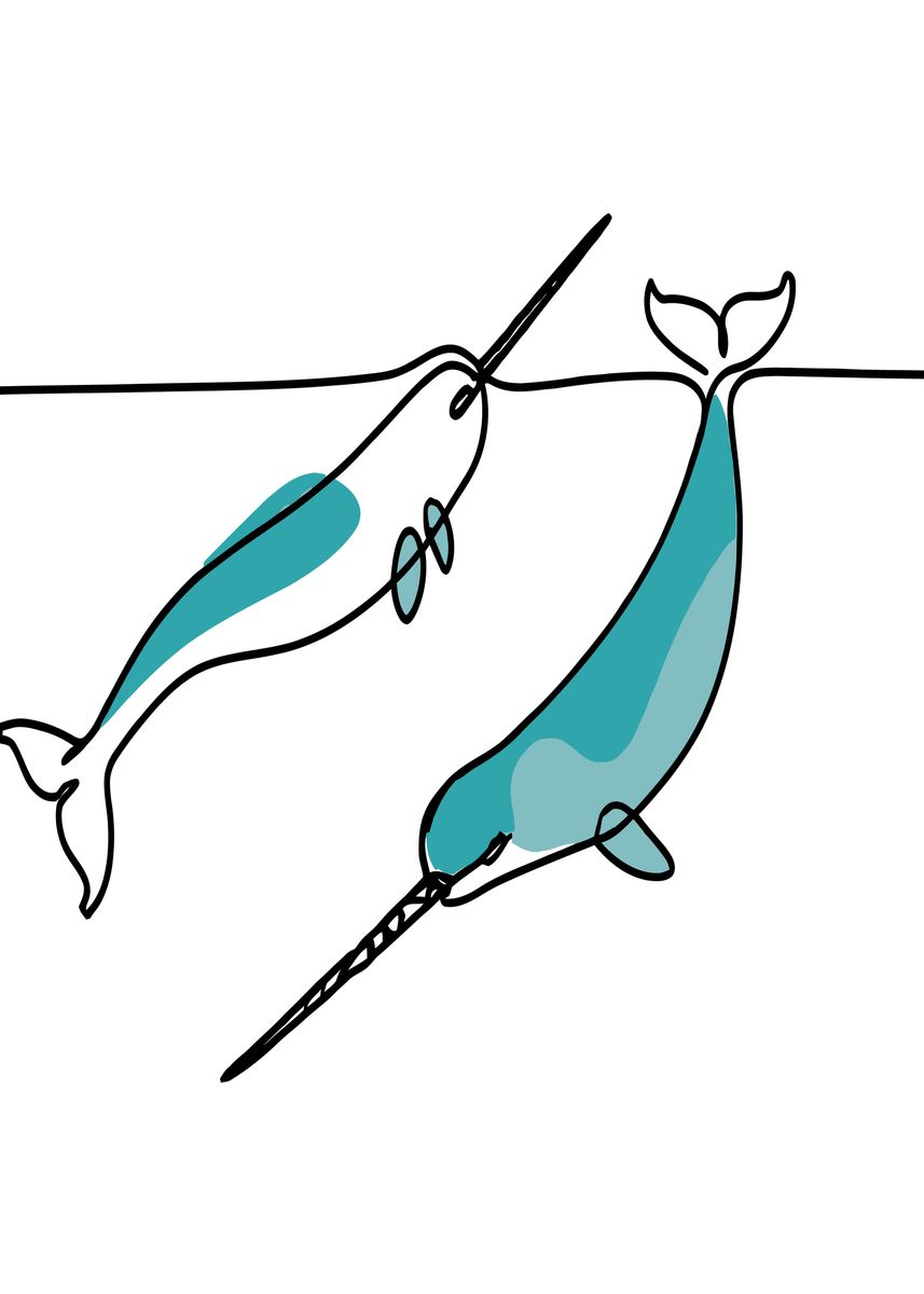 'Two Narwhals Line Art' Poster, picture, metal print, paint by ...