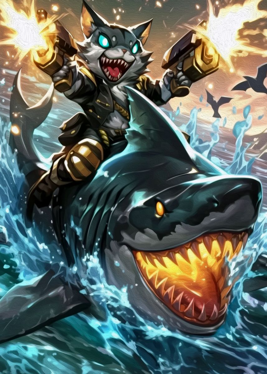 'Cat Riding Shark' Poster, picture, metal print, paint by Lorence ...