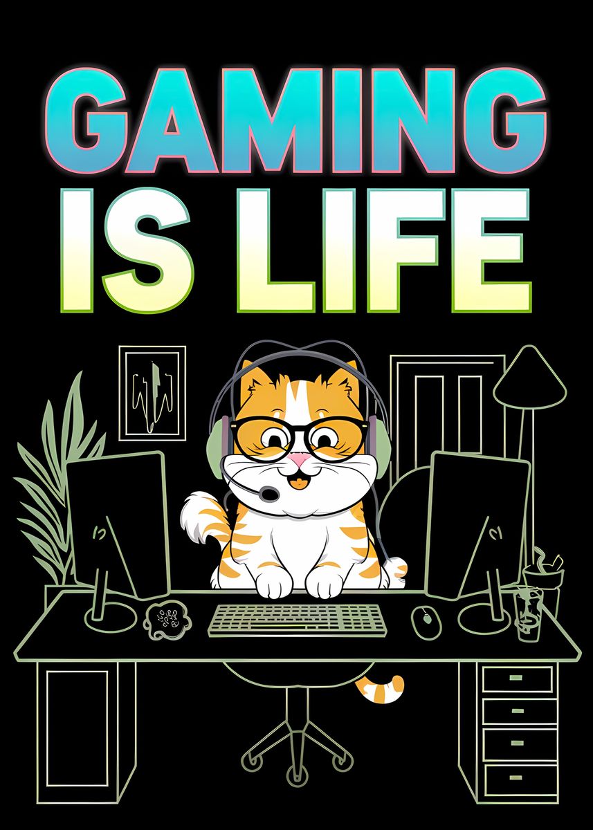 'Gaming Cat with Headset' Poster, picture, metal print, paint by ...