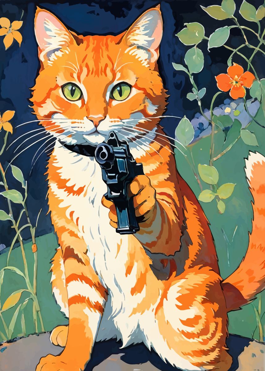 'Cat with Gun' Poster, picture, metal print, paint by DUMBROS | Displate