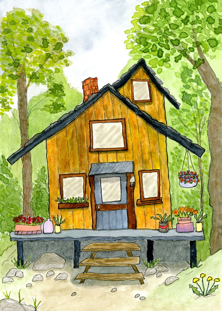 'Watercolor Wonky Cabin in Woods Illustration 2' Poster, picture, metal print, paint by Itaya ...
