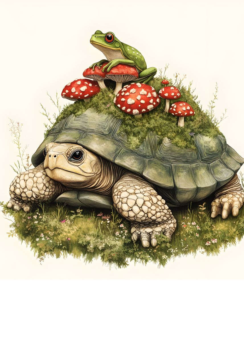 'Turtle and Frog with Mushrooms' Poster, picture, metal print, paint by ...