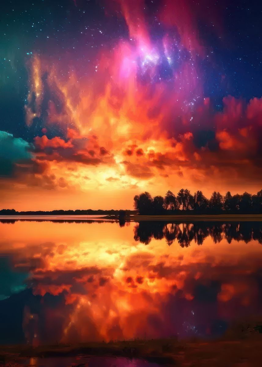 'Fiery Sunset Sky' Poster, picture, metal print, paint by maati | Displate