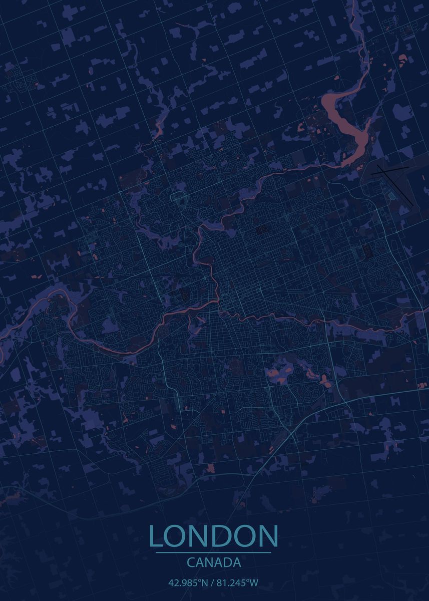 'London Ontario Canada Blue and Purple City Map' Poster, picture, metal ...