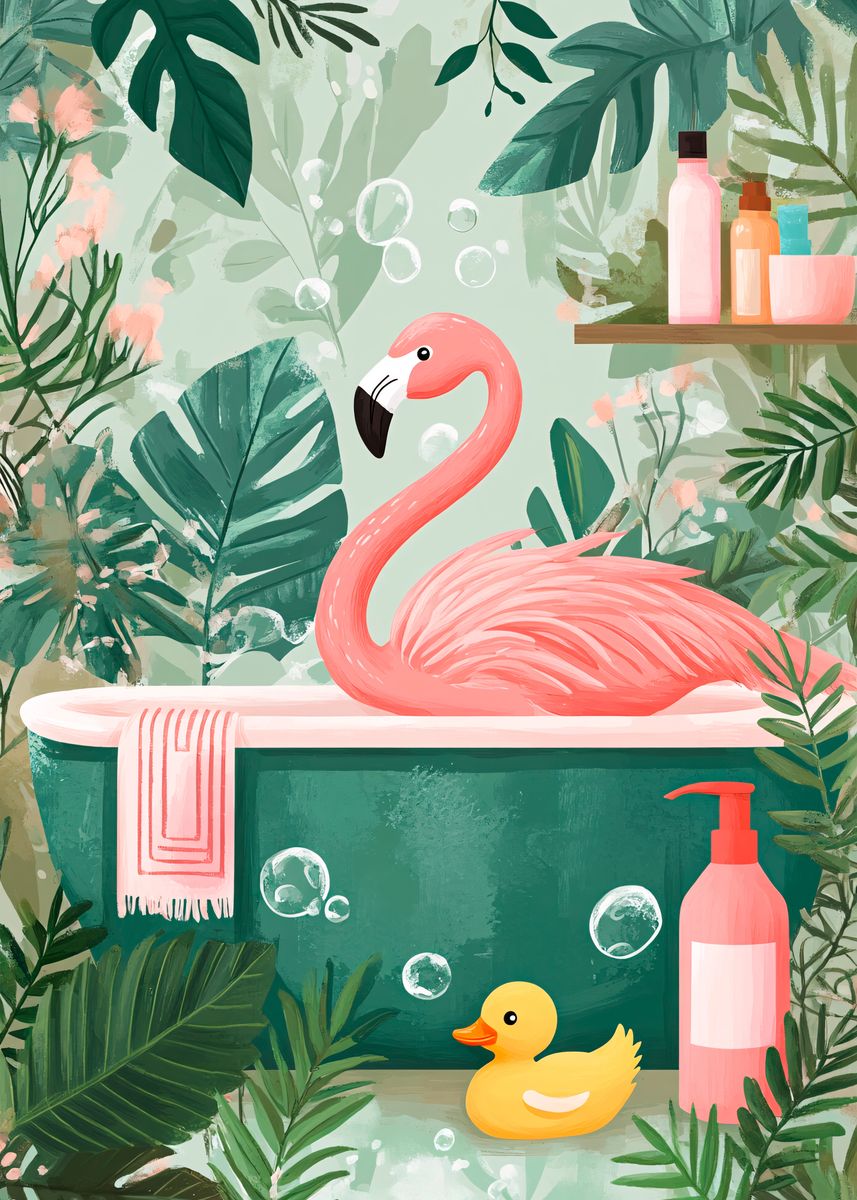 'Flamingo Bath Time' Poster, picture, metal print, paint by Leoni | Displate