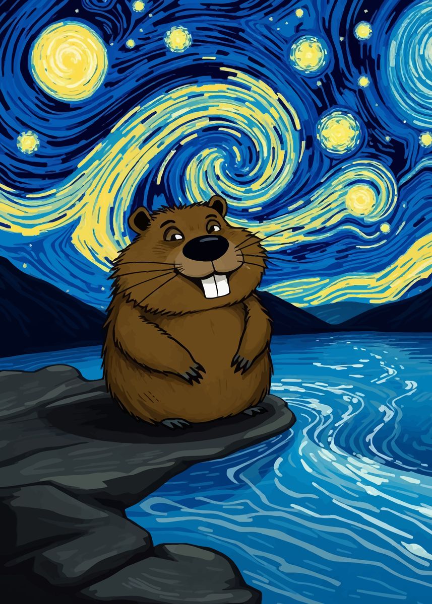 'Beaver Starry Night' Poster, picture, metal print, paint by DEGUZMAN ...