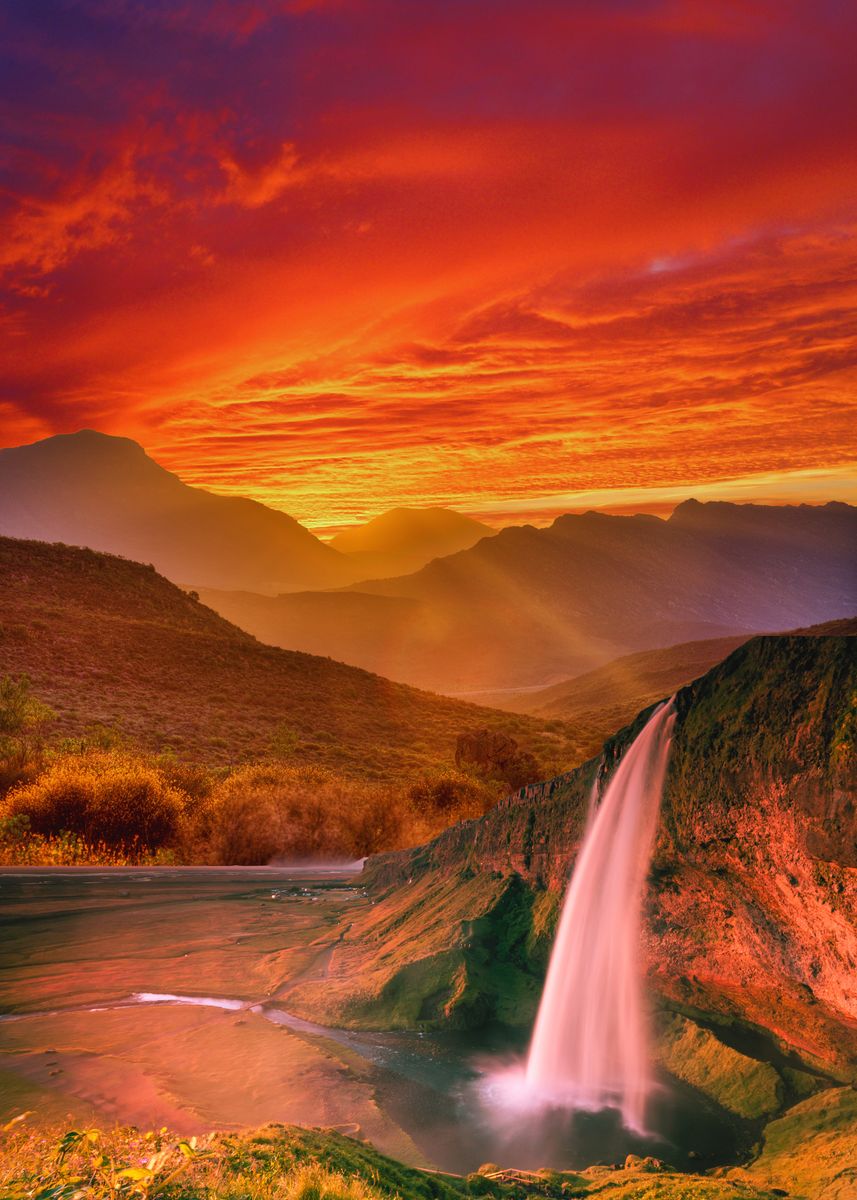 'Waterfall Sunset Landscape' Poster, picture, metal print, paint by ...