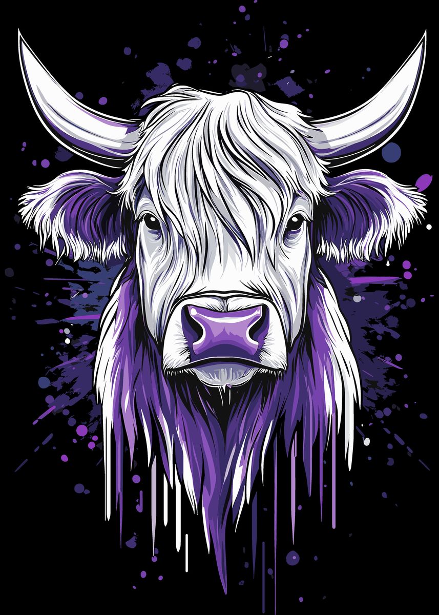 'Purple Highland Cow Portrait' Poster, picture, metal print, paint by ...