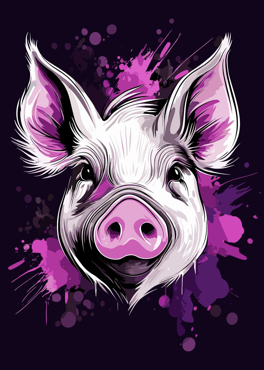 'Pig Portrait with Splatter' Poster, picture, metal print, paint by ...