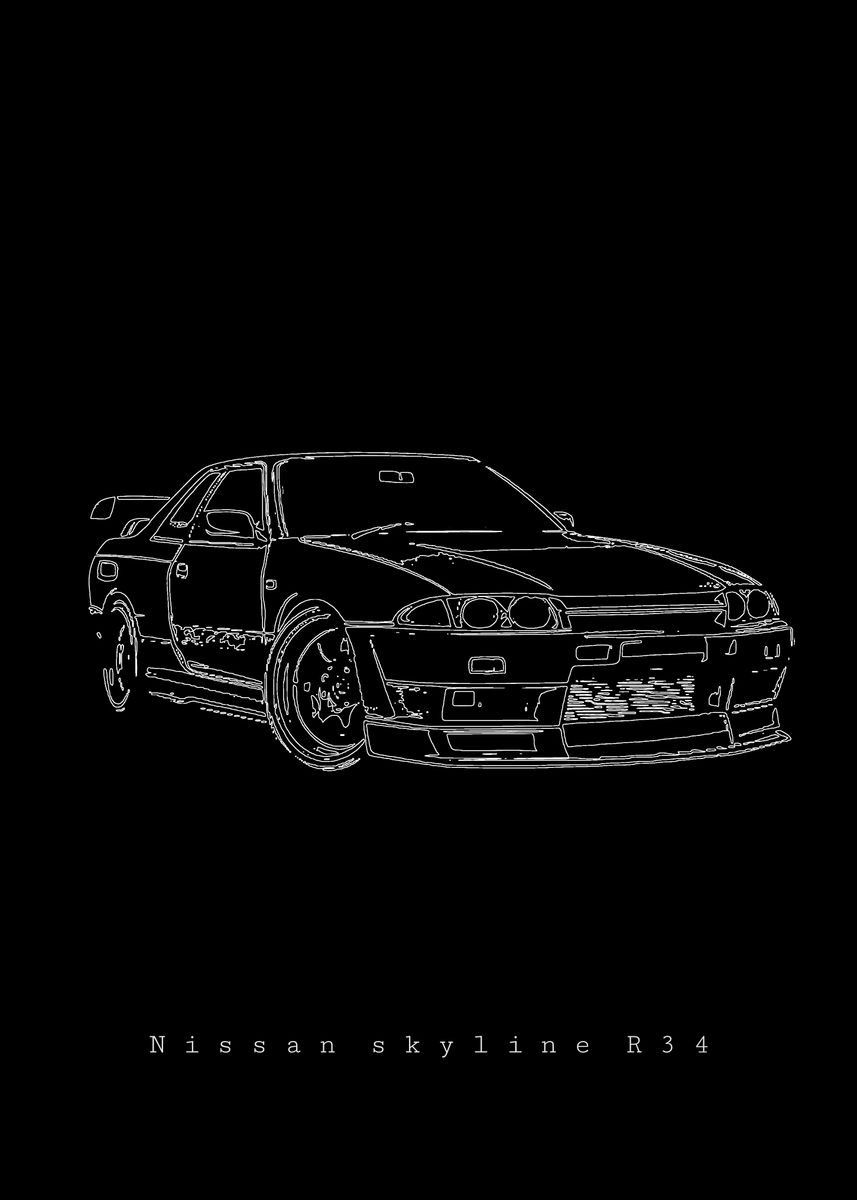 'Nissan Skyline R34 Line Art' Poster, picture, metal print, paint by ...