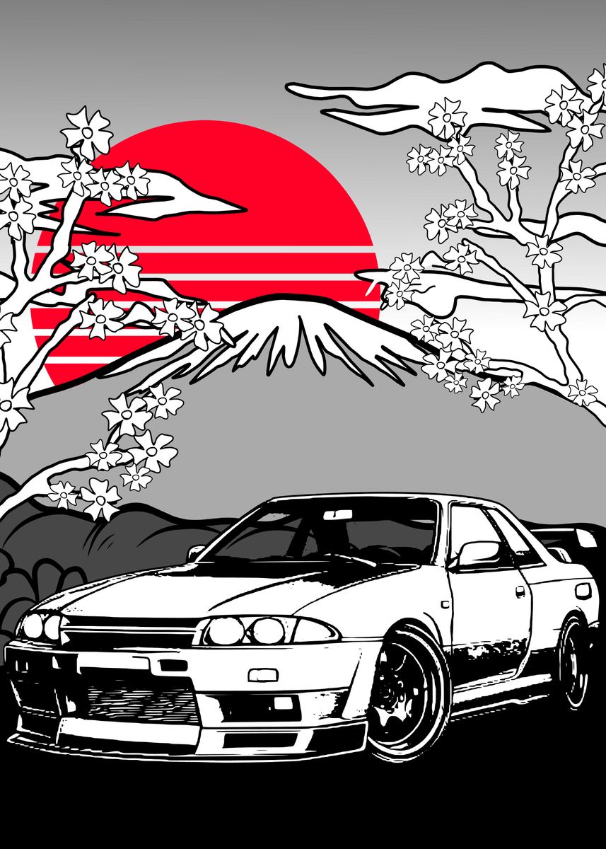 'Nissan Skyline R33 with Japanese Landscape' Poster, picture, metal ...