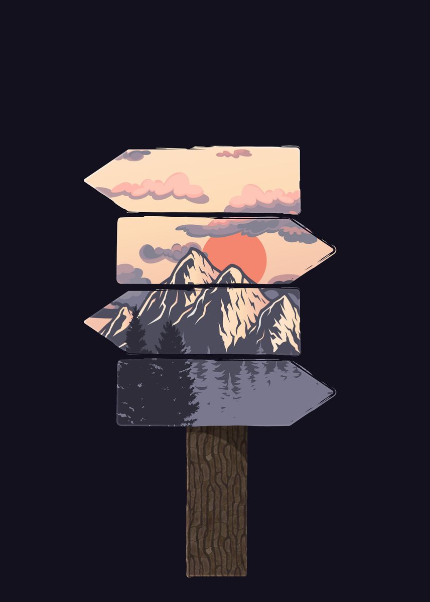 'Mountain Landscape Signpost' Poster, picture, metal print, paint by ...