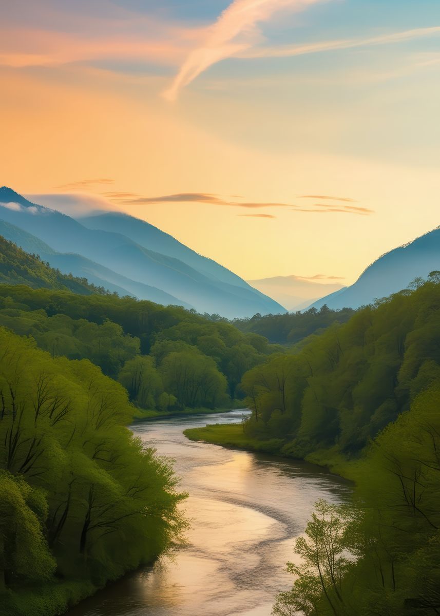 'River Valley Sunset' Poster, picture, metal print, paint by Qpicts ...