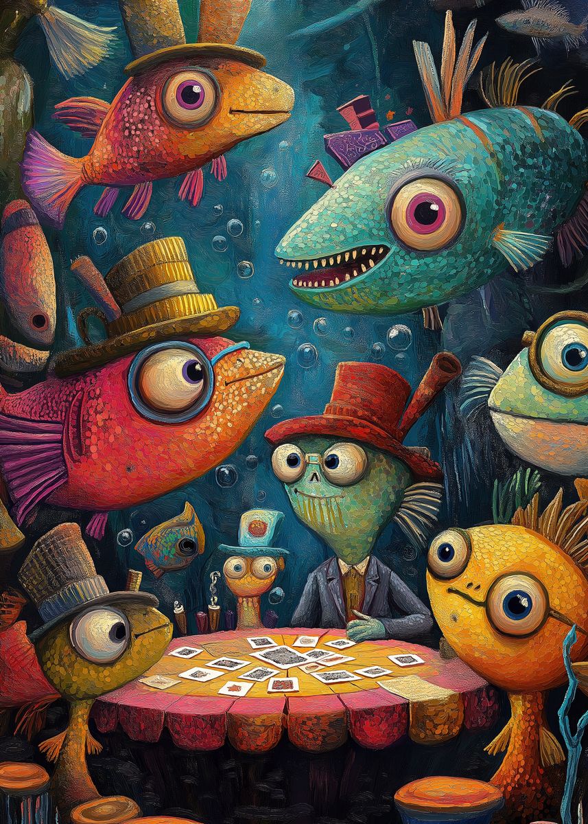 'Fish Playing Cards' Poster, picture, metal print, paint by Rawbin ...
