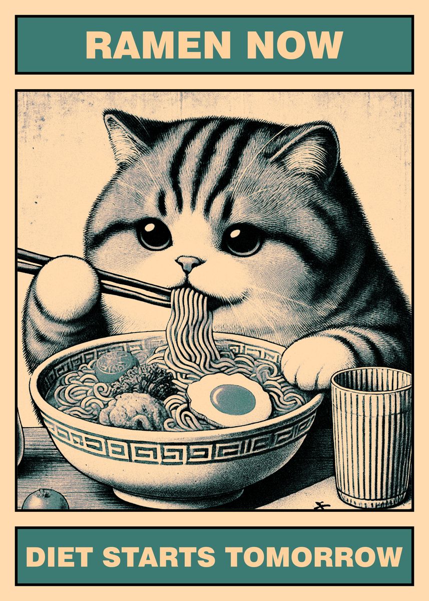 'Cute Ramen Fat Cat Poster' Poster, picture, metal print, paint by Vyke ...