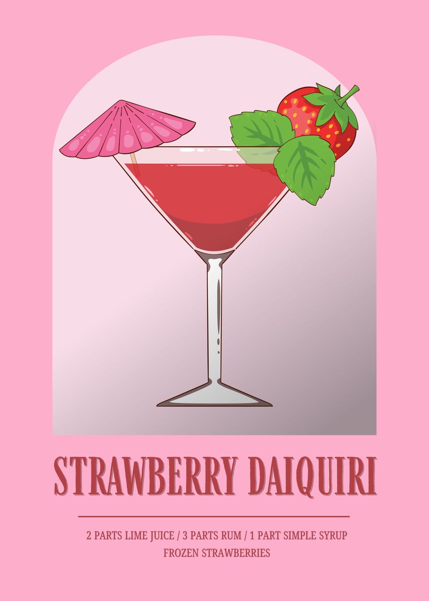 'Strawberry Daiquiri Cocktail Recipe Poster' Poster, picture, metal ...