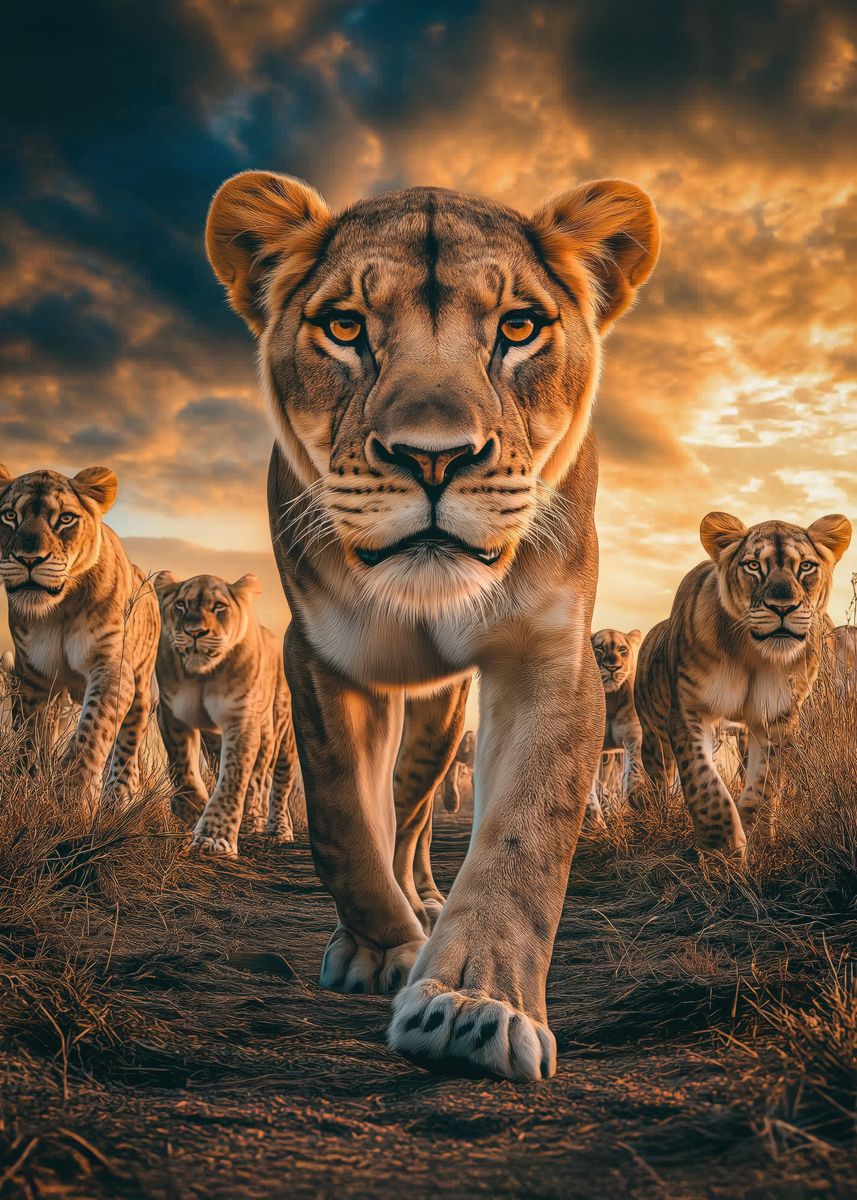 'Lion Pride Sunset Walk' Poster, picture, metal print, paint by ...