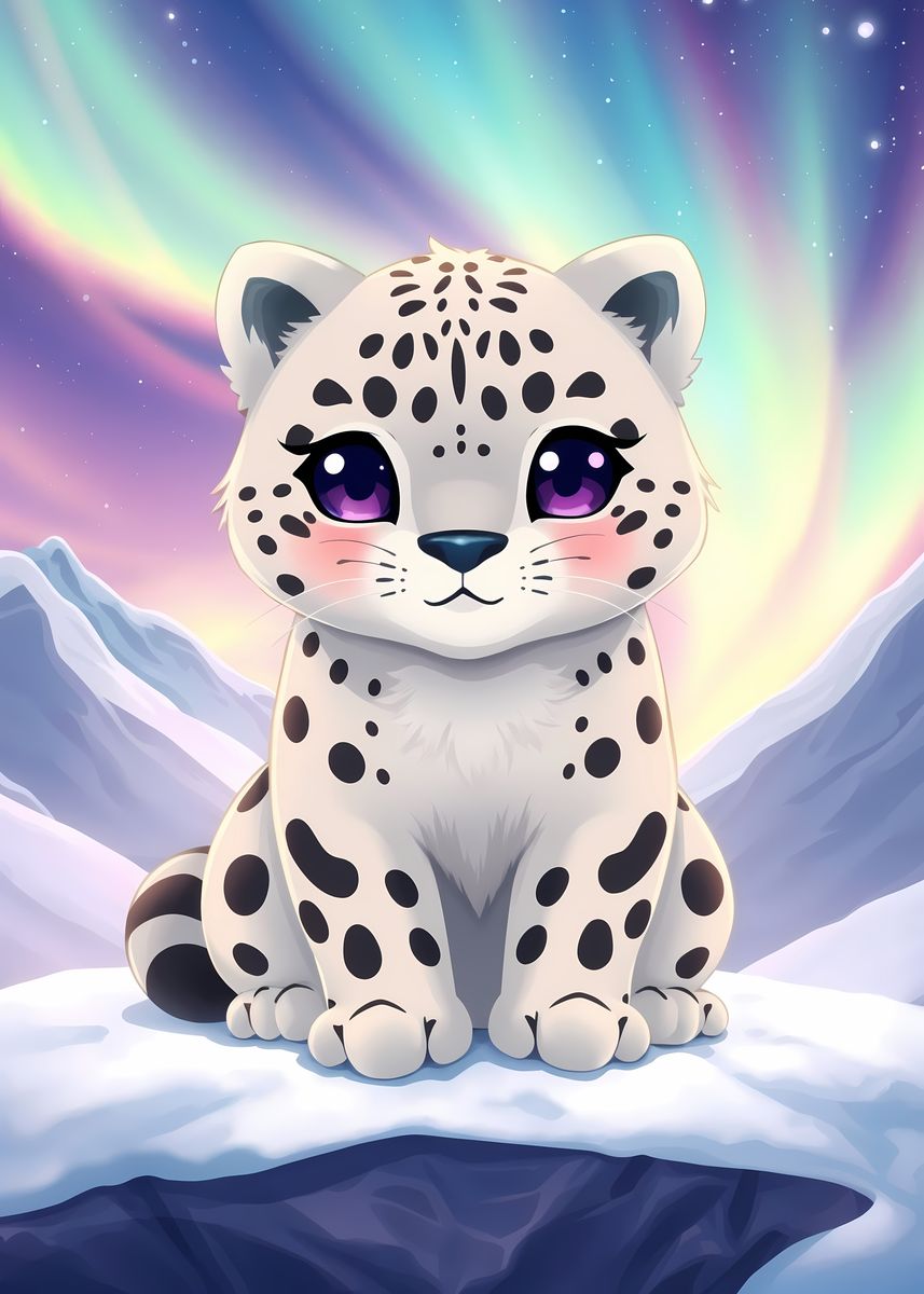 'Cute Snow Leopard Aurora' Poster, picture, metal print, paint by By ...