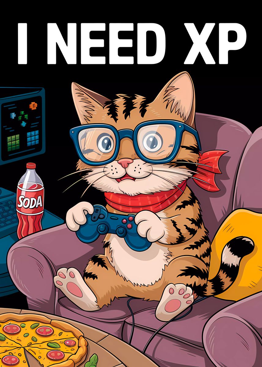 'Little Cute Gamer Cat Needs XP' Poster, picture, metal print, paint by ...