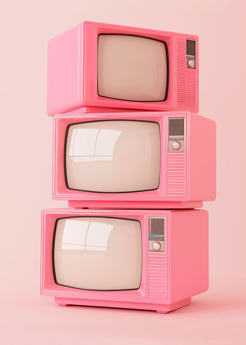 'Stack of Pink Retro TVs' Poster, picture, metal print, paint by Leoni ...