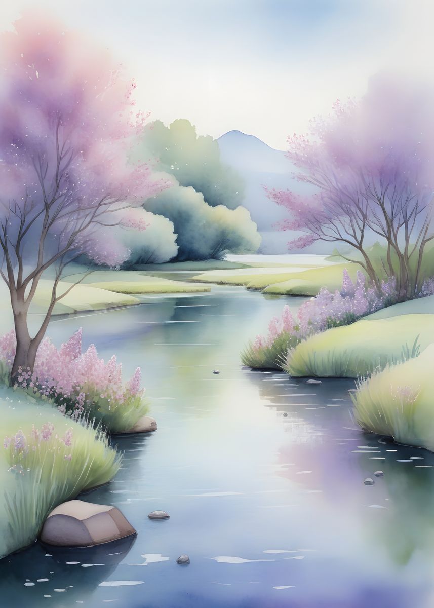 'Watercolor River Landscape' Poster, picture, metal print, paint by ...