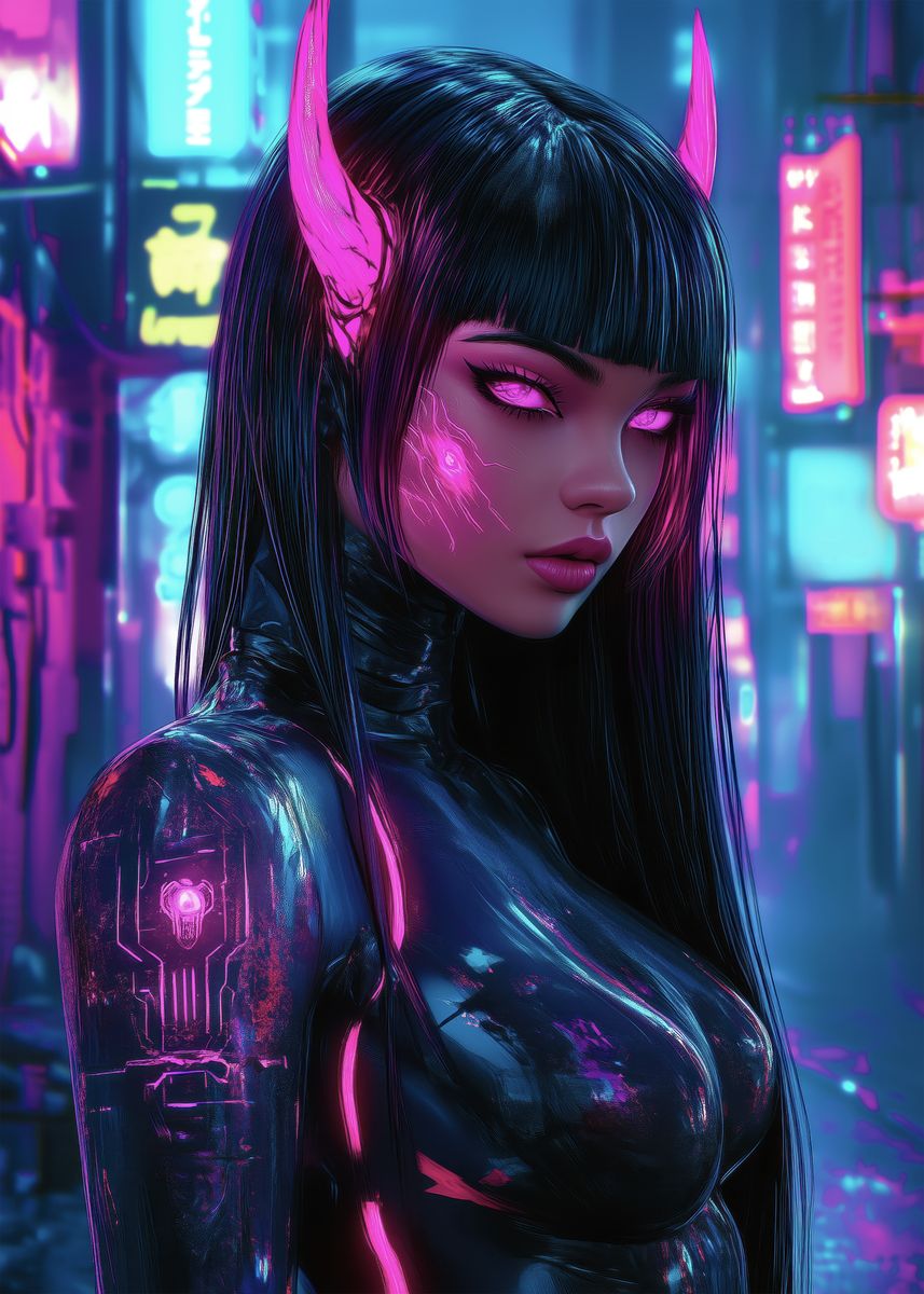 'Cyberpunk Demon Anime Girl' Poster, picture, metal print, paint by ...