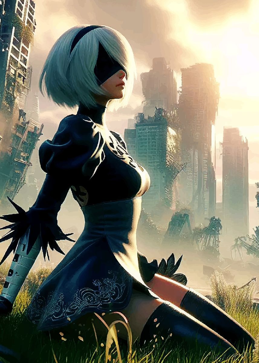'2B in a Post-Apocalyptic City' Poster, picture, metal print, paint by ...