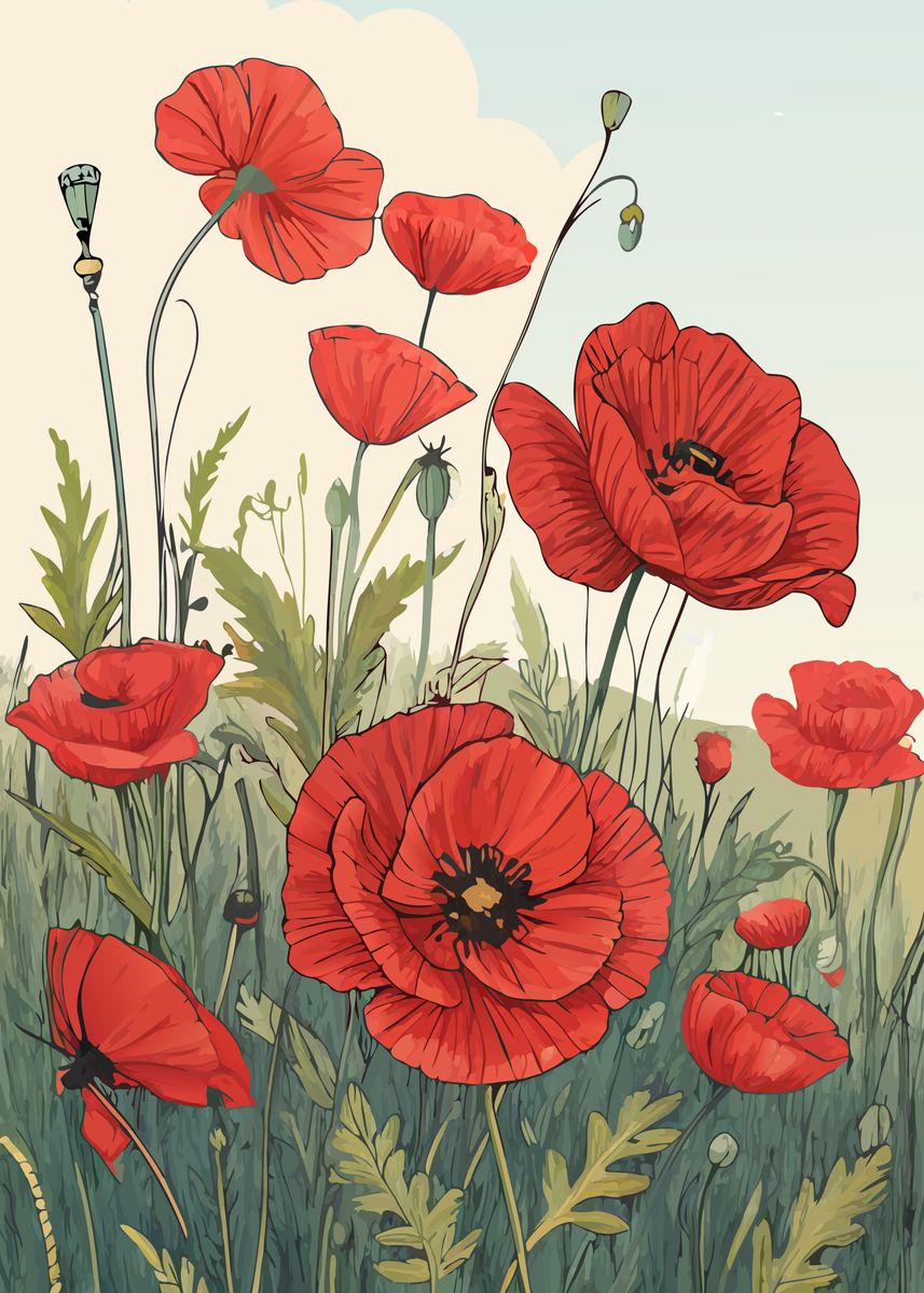 'Red Poppy Field' Poster, picture, metal print, paint by Ray Crimson ...