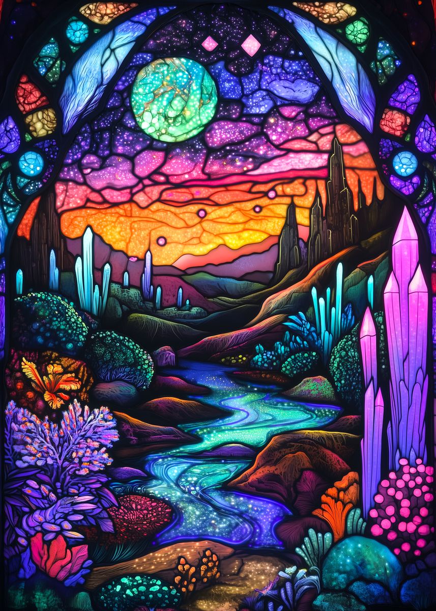 'Stained Glass Fantasy Landscape' Poster, picture, metal print, paint ...