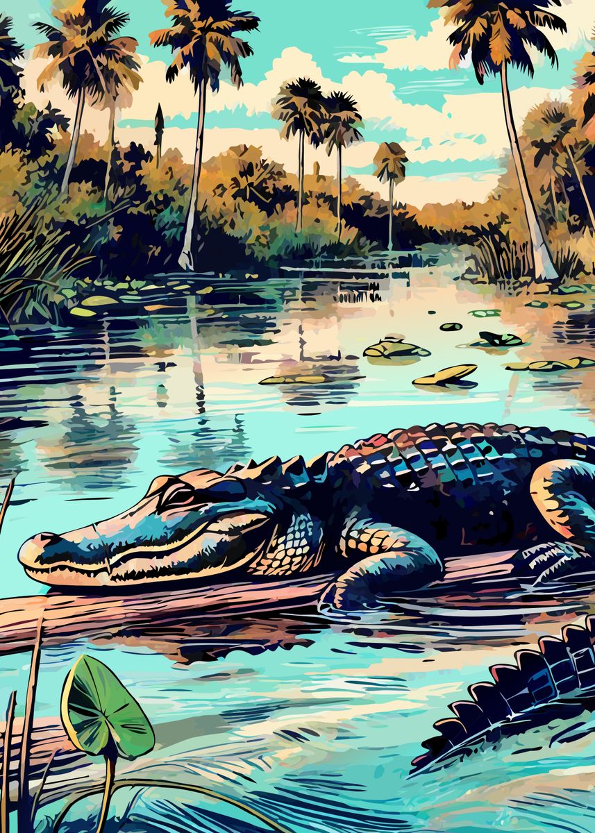 'Alligator in Swamp' Poster, picture, metal print, paint by Ray Crimson ...