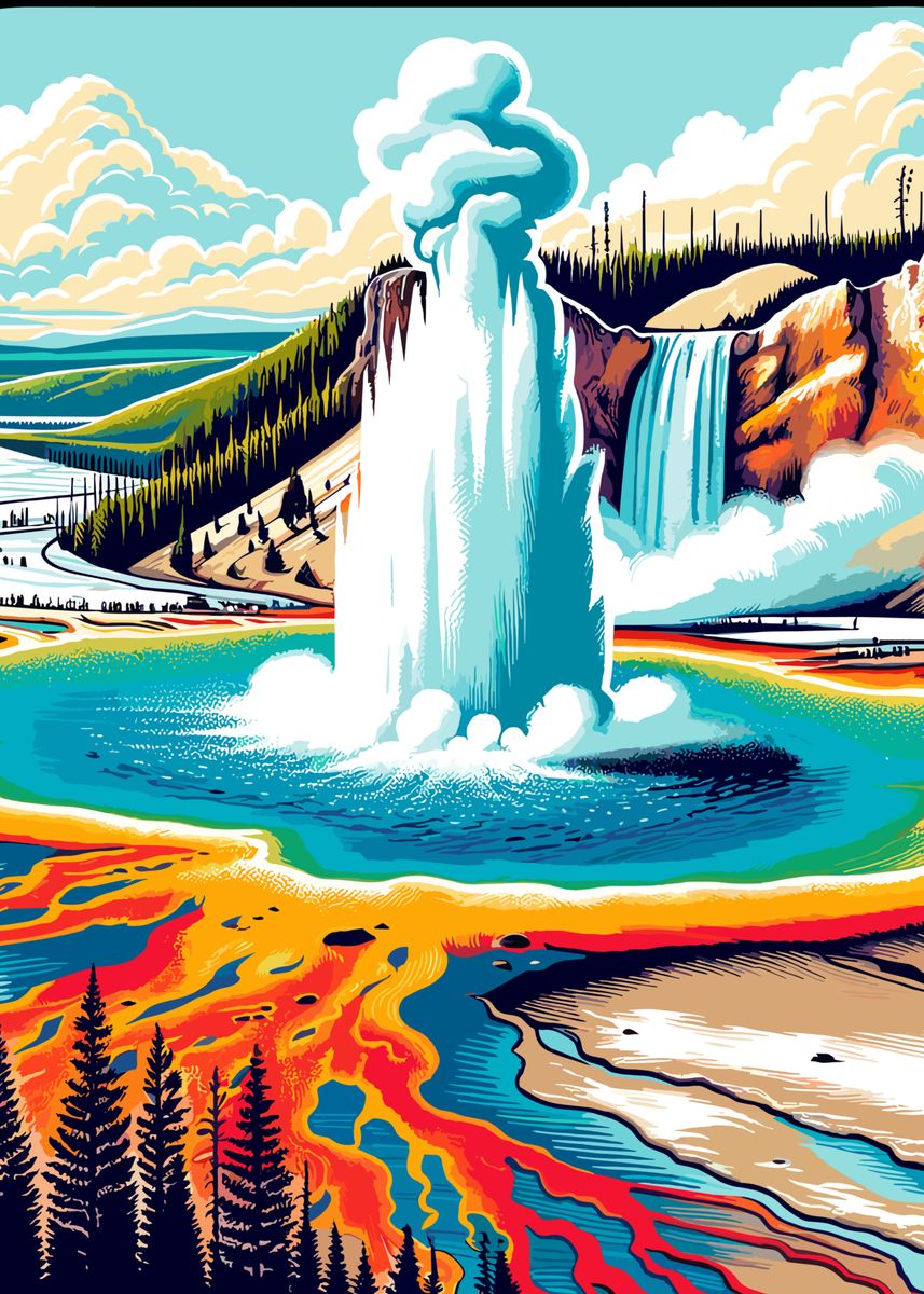 'Yellowstone Geyser Eruption' Poster, picture, metal print, paint by ...