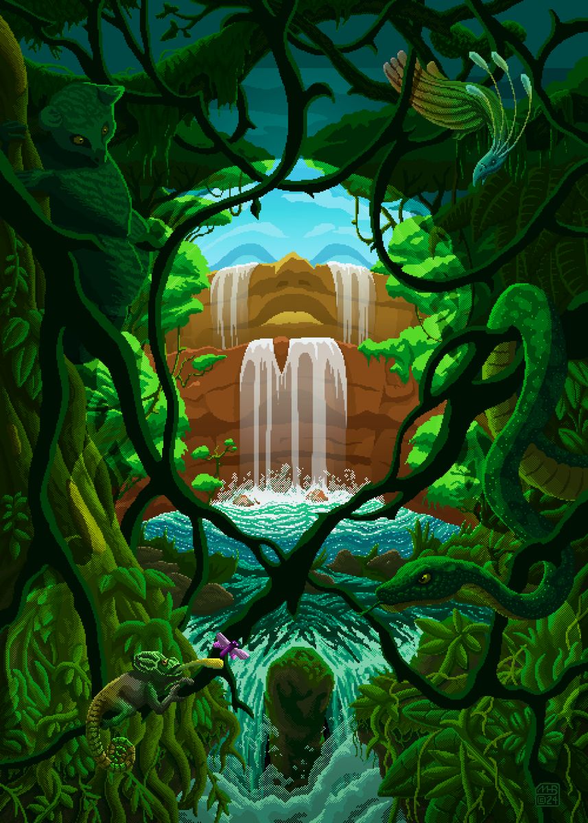 'Pixel Art - Spirit Of The Waterfall' Poster, picture, metal print ...