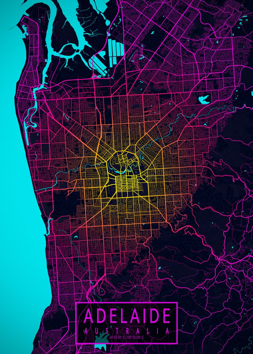 'Adelaide City Map Australia Neon' Poster, picture, metal print, paint ...