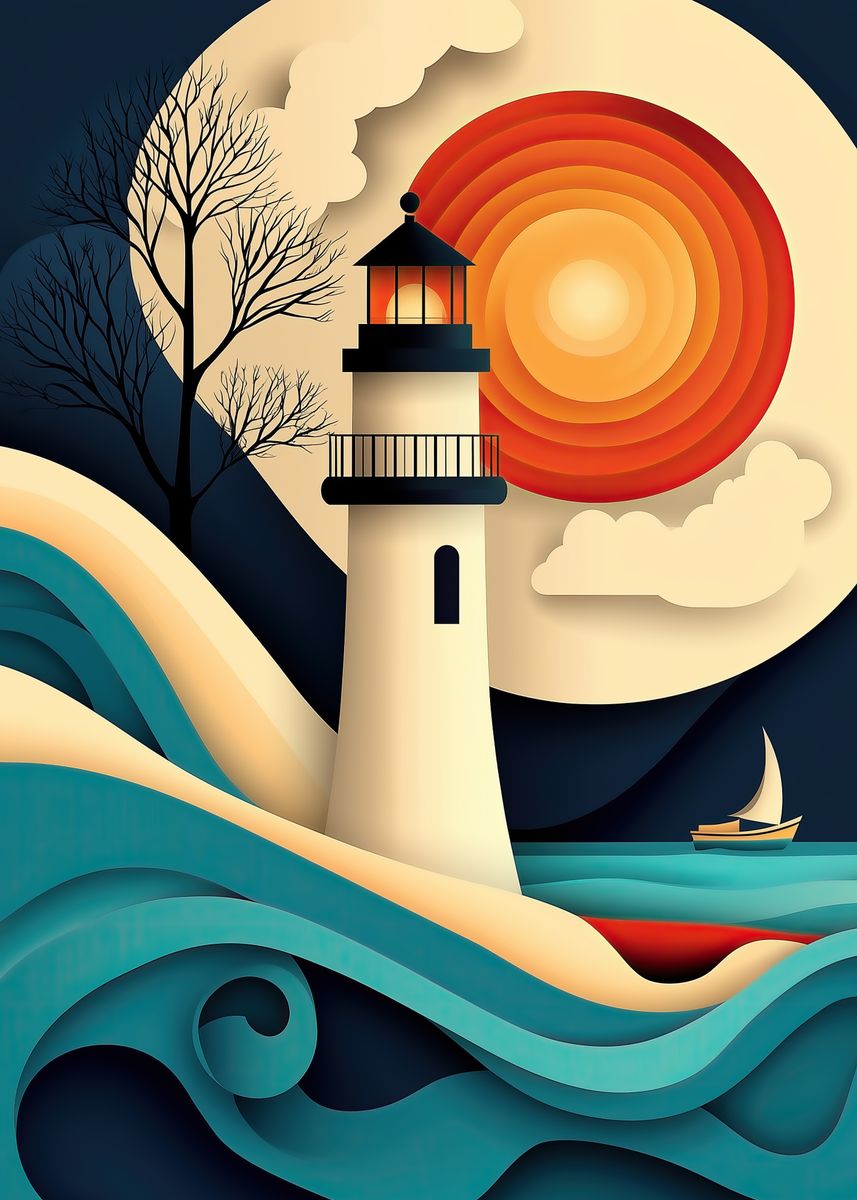'Lighthouse Sunset Seascape' Poster, picture, metal print, paint by ...