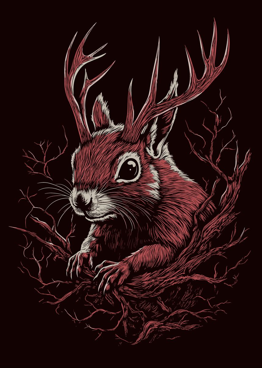 'Squirrel with Antlers' Poster, picture, metal print, paint by ...