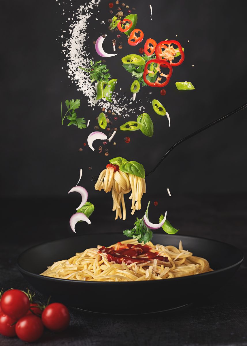 'Spaghetti with Flying Toppings' Poster, picture, metal print, paint by ...