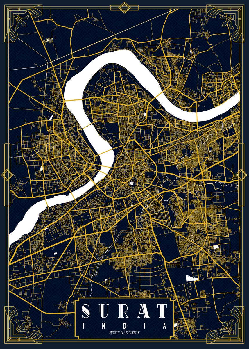 'Surat City Map India Gold Art Deco' Poster, picture, metal print ...