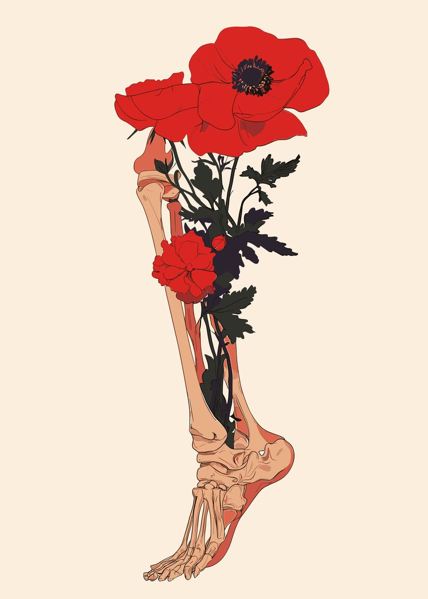 'Poppy Bouquet on Skeleton Leg' Poster, picture, metal print, paint by ...