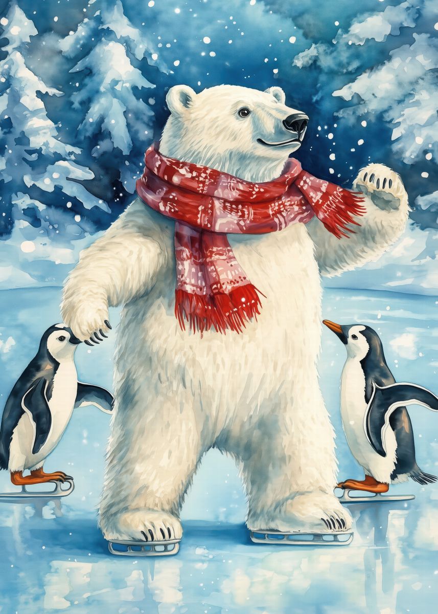 'Polar Bear Ice Skating' Poster, picture, metal print, paint by Rawbin ...