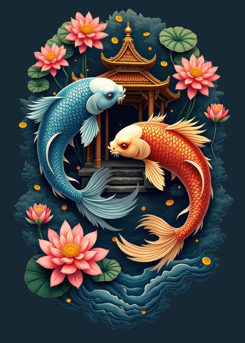 'Koi Fish and Pagoda' Poster, picture, metal print, paint by Ba Ab ...