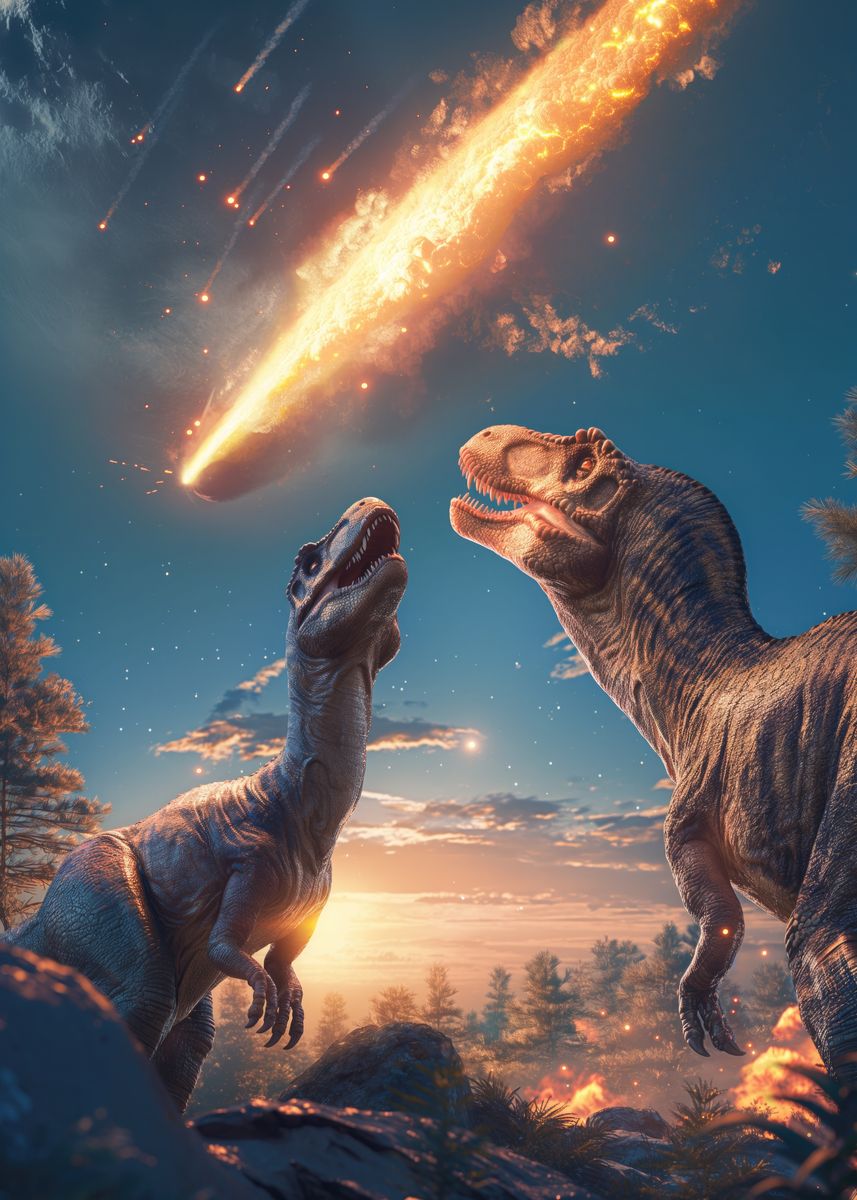 'dinosaurs looking up at a meteor' Poster, picture, metal print, paint ...
