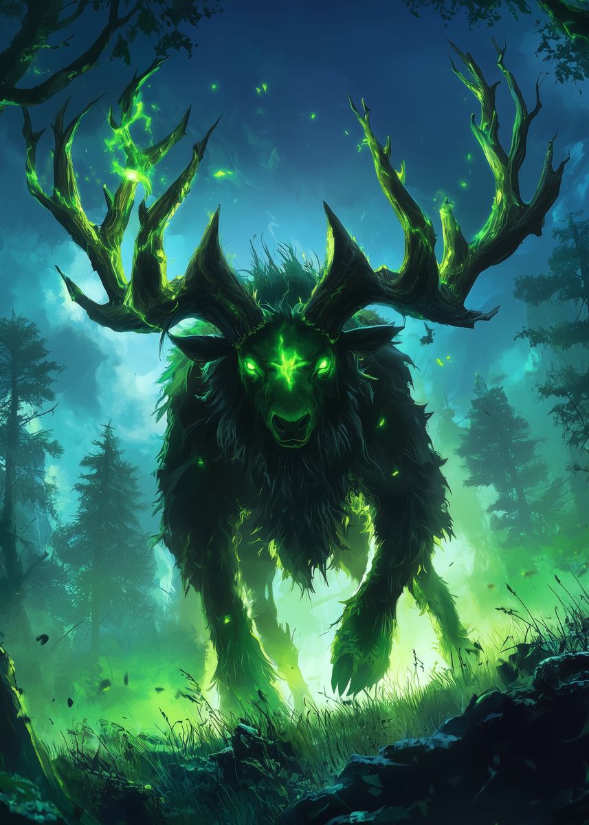 'Green Stag Monster' Poster, picture, metal print, paint by Tesiga ...
