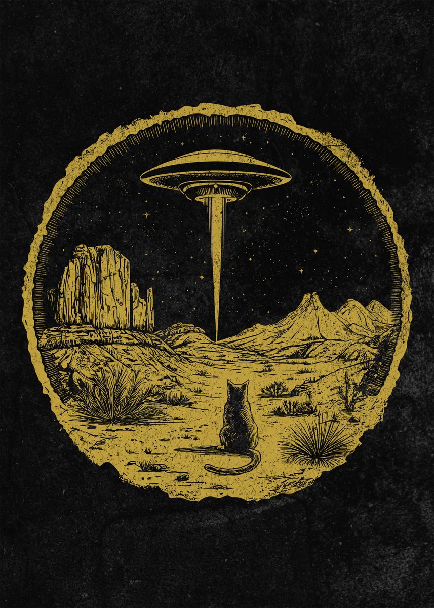 'Cat & UFO - Mystical Cat Watching UFO - Desert Night Scene Design ...