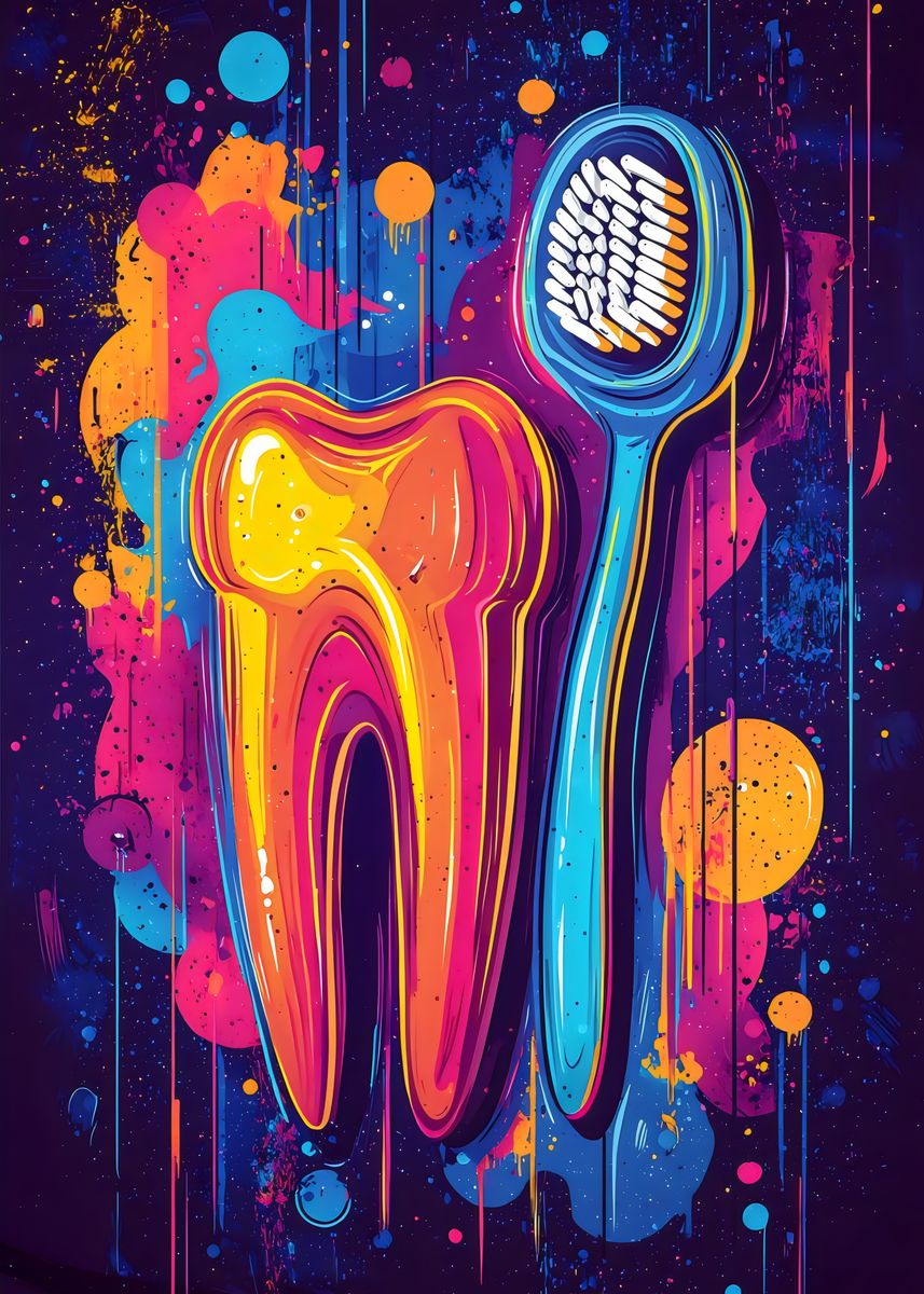 'Neon Tooth and Brush' Poster, picture, metal print, paint by ...