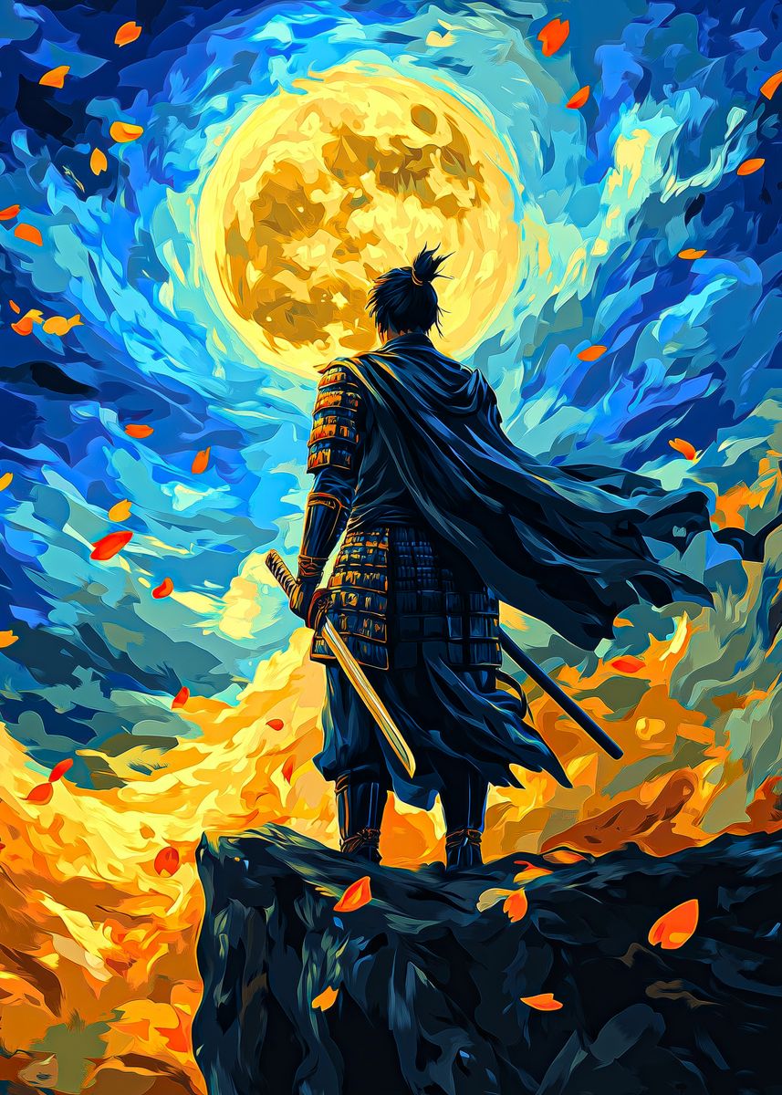 'Samurai Under Full Moon' Poster, picture, metal print, paint by ...